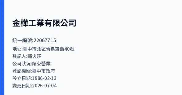 金樺工業有限公司的照片-統編 22067715(臺中市) 公司登記資料與營業項目詳細圖表