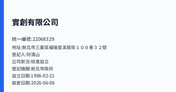 實創有限公司的照片-統編 22068329(新北市) 公司登記資料與營業項目詳細圖表