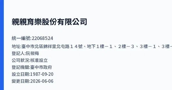 親親育樂股份有限公司的照片-統編 22068524(臺中市) 公司登記資料與營業項目詳細圖表