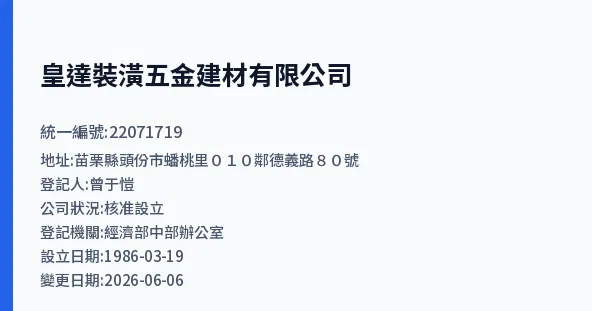 皇達裝潢五金建材有限公司的照片-統編 22071719(苗栗縣) 公司登記資料與營業項目詳細圖表