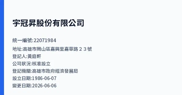 宇冠昇股份有限公司的照片-統編 22071984(高雄市) 公司登記資料與營業項目詳細圖表