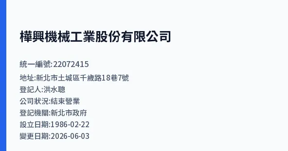樺興機械工業股份有限公司的照片-統編 22072415(新北市) 公司登記資料與營業項目詳細圖表