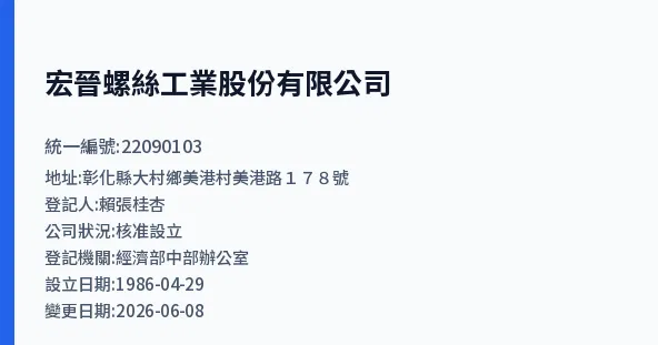 宏晉螺絲工業股份有限公司的照片-統編 22090103(彰化縣) 公司登記資料與營業項目詳細圖表