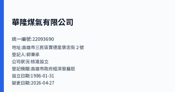 華隆煤氣有限公司的照片-統編 22093690(高雄市) 公司登記資料與營業項目詳細圖表