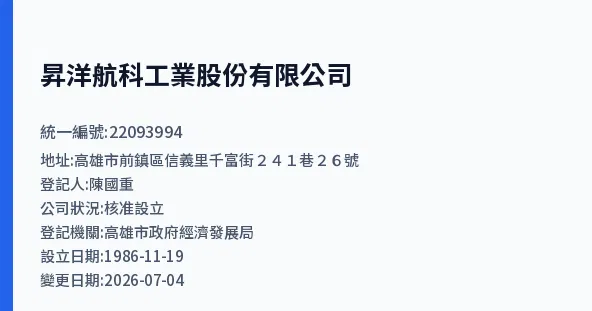 昇洋航科工業股份有限公司的照片-統編 22093994(高雄市) 公司登記資料與營業項目詳細圖表