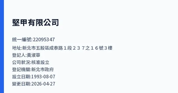 堅甲有限公司的照片-統編 22095347(新北市) 公司登記資料與營業項目詳細圖表