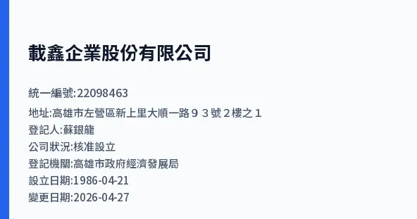 載鑫企業股份有限公司的照片-統編 22098463(高雄市) 公司登記資料與營業項目詳細圖表