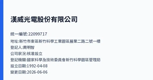 漢威光電股份有限公司的照片-統編 22099717(新竹市) 公司登記資料與營業項目詳細圖表