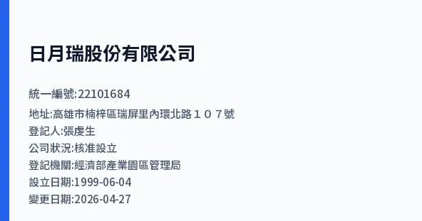 日月瑞股份有限公司的照片-統編 22101684(高雄市) 公司登記資料與營業項目詳細圖表