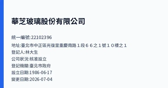 華芝玻璃股份有限公司的照片-統編 22102396(臺北市) 公司登記資料與營業項目詳細圖表