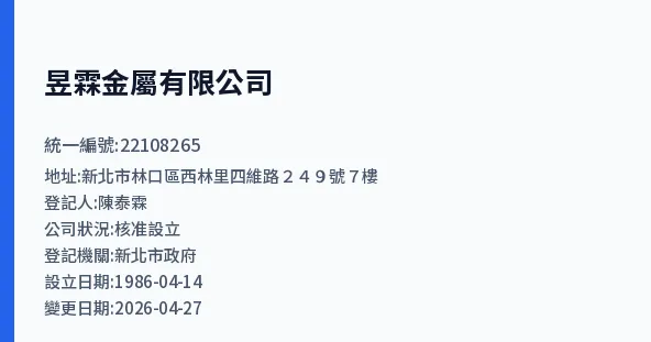 昱霖金屬有限公司的照片-統編 22108265(新北市) 公司登記資料與營業項目詳細圖表