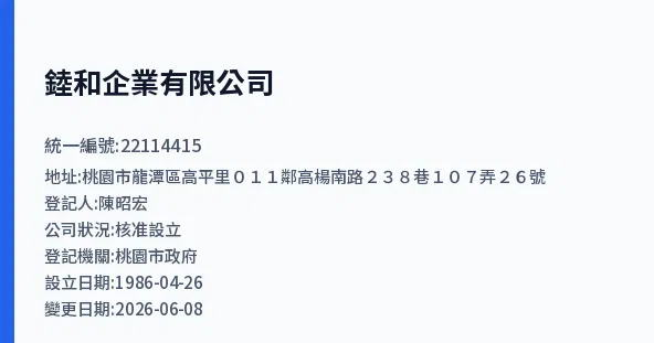 錴和企業有限公司的照片-統編 22114415(桃園市) 公司登記資料與營業項目詳細圖表