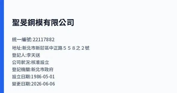聖旻鋼模有限公司的照片-統編 22117882(新北市) 公司登記資料與營業項目詳細圖表