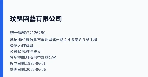 玟錦園藝有限公司的照片-統編 22126290(新竹縣) 公司登記資料與營業項目詳細圖表