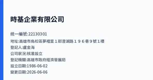 時基企業有限公司的照片-統編 22130301(高雄市) 公司登記資料與營業項目詳細圖表