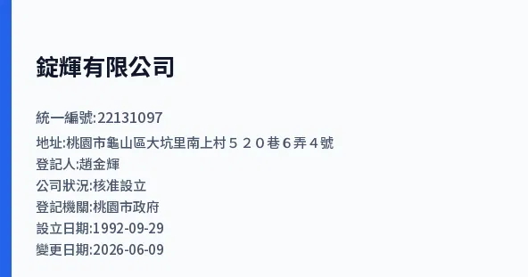 錠輝有限公司的照片-統編 22131097(桃園市) 公司登記資料與營業項目詳細圖表