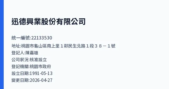 迅德興業股份有限公司的照片-統編 22133530(桃園市) 公司登記資料與營業項目詳細圖表