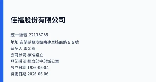 佳福股份有限公司的照片-統編 22135755(宜蘭縣) 公司登記資料與營業項目詳細圖表