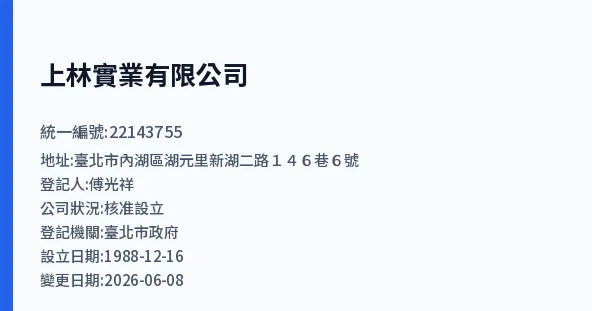 上林實業有限公司的照片-統編 22143755(臺北市) 公司登記資料與營業項目詳細圖表