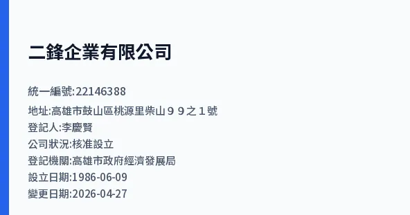 二鋒企業有限公司的照片-統編 22146388(高雄市) 公司登記資料與營業項目詳細圖表