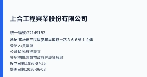 上合工程興業股份有限公司的照片-統編 22149152(高雄市) 公司登記資料與營業項目詳細圖表