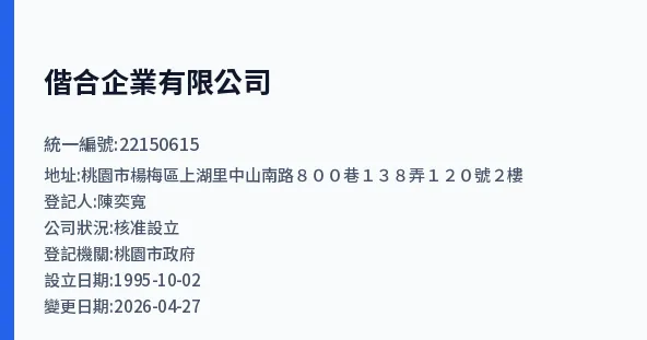 偕合企業有限公司的照片-統編 22150615(桃園市) 公司登記資料與營業項目詳細圖表