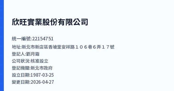 欣旺實業股份有限公司的照片-統編 22154751(新北市) 公司登記資料與營業項目詳細圖表