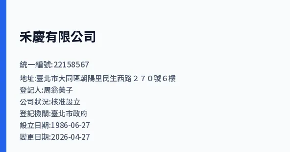 禾慶有限公司的照片-統編 22158567(臺北市) 公司登記資料與營業項目詳細圖表