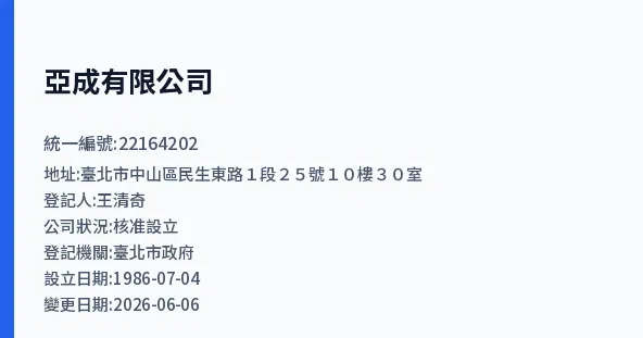 亞成有限公司的照片-統編 22164202(臺北市) 公司登記資料與營業項目詳細圖表
