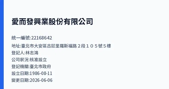 愛而發興業股份有限公司的照片-統編 22168642(臺北市) 公司登記資料與營業項目詳細圖表
