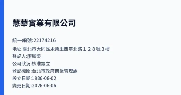 慧華實業有限公司的照片-統編 22174216(臺北市) 公司登記資料與營業項目詳細圖表