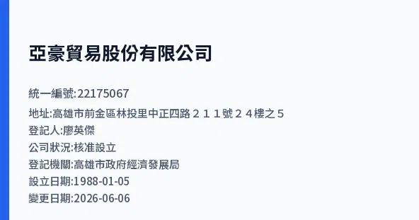亞豪貿易股份有限公司的照片-統編 22175067(高雄市) 公司登記資料與營業項目詳細圖表