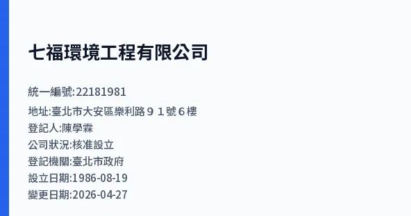 七福環境工程有限公司的照片-統編 22181981(臺北市) 公司登記資料與營業項目詳細圖表