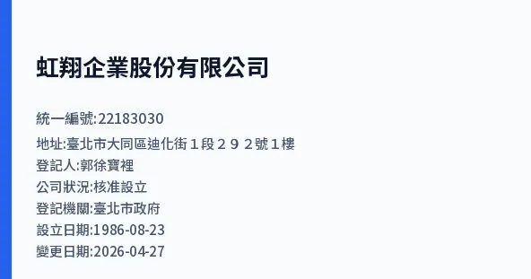 虹翔企業股份有限公司的照片-統編 22183030(臺北市) 公司登記資料與營業項目詳細圖表
