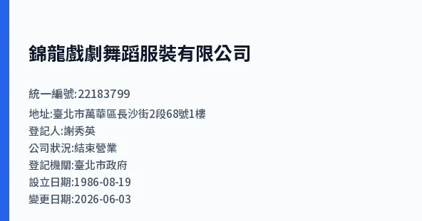 錦龍戲劇舞蹈服裝有限公司的照片-統編 22183799(臺北市) 公司登記資料與營業項目詳細圖表