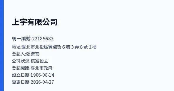 上宇有限公司的照片-統編 22185683(臺北市) 公司登記資料與營業項目詳細圖表