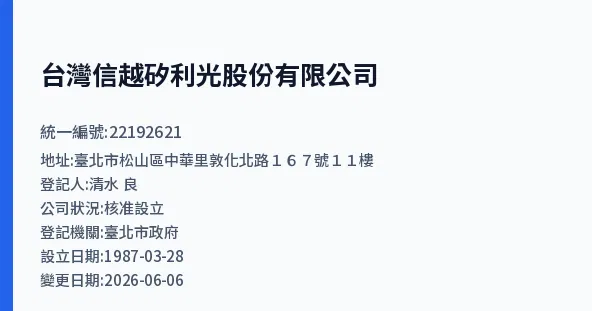 台灣信越矽利光股份有限公司的照片-統編 22192621(臺北市) 公司登記資料與營業項目詳細圖表