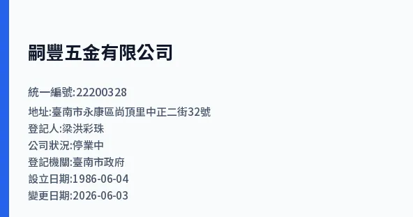 嗣豐五金有限公司的照片-統編 22200328(臺南市) 公司登記資料與營業項目詳細圖表