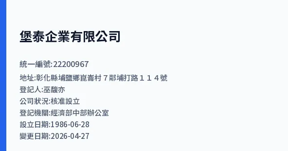 堡泰企業有限公司的照片-統編 22200967(彰化縣) 公司登記資料與營業項目詳細圖表