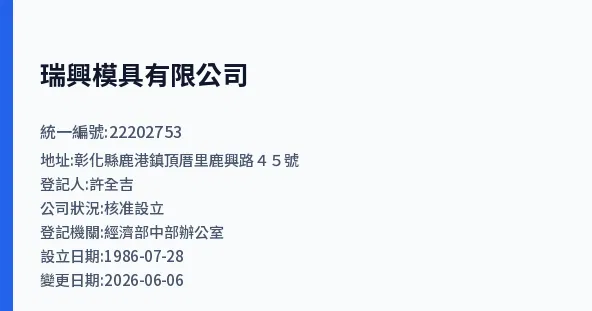 瑞興模具有限公司的照片-統編 22202753(彰化縣) 公司登記資料與營業項目詳細圖表