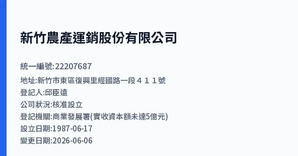 新竹農產運銷股份有限公司的照片-統編 22207687(新竹市) 公司登記資料與營業項目詳細圖表