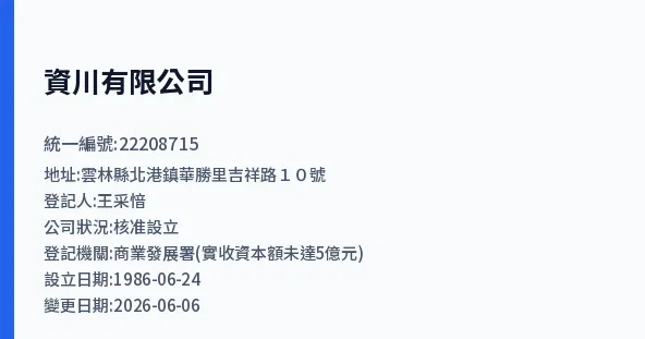 資川有限公司的照片-統編 22208715(雲林縣) 公司登記資料與營業項目詳細圖表