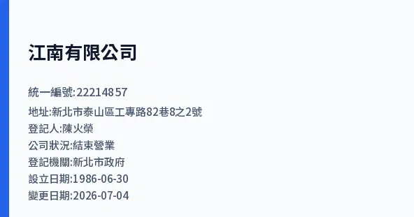 江南有限公司的照片-統編 22214857(新北市) 公司登記資料與營業項目詳細圖表