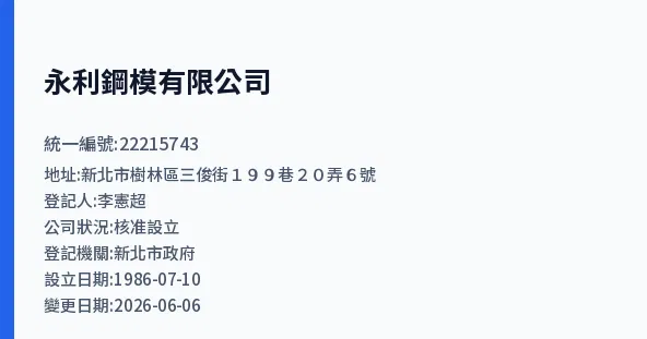 永利鋼模有限公司的照片-統編 22215743(新北市) 公司登記資料與營業項目詳細圖表