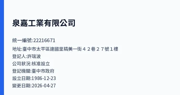 泉嘉工業有限公司的照片-統編 22216671(臺中市) 公司登記資料與營業項目詳細圖表