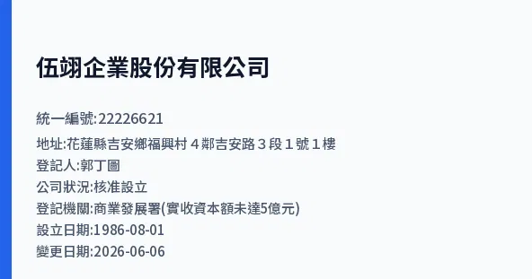 伍翊企業股份有限公司的照片-統編 22226621(花蓮縣) 公司登記資料與營業項目詳細圖表