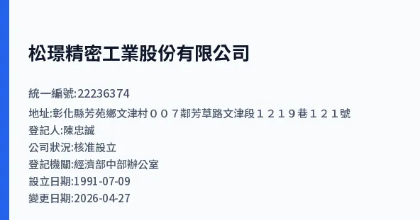 松璟精密工業股份有限公司的照片-統編 22236374(彰化縣) 公司登記資料與營業項目詳細圖表