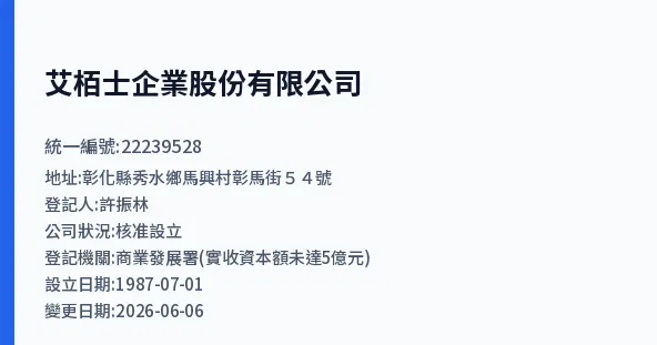 艾栢士企業股份有限公司的照片-統編 22239528(彰化縣) 公司登記資料與營業項目詳細圖表