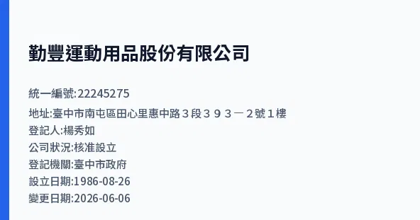勤豐運動用品股份有限公司的照片-統編 22245275(臺中市) 公司登記資料與營業項目詳細圖表