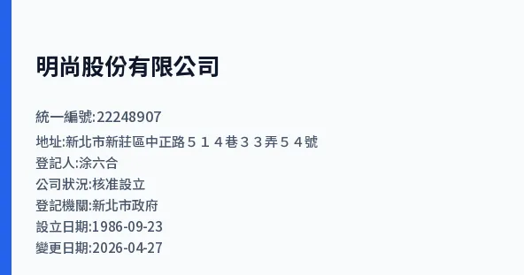 明尚股份有限公司的照片-統編 22248907(新北市) 公司登記資料與營業項目詳細圖表